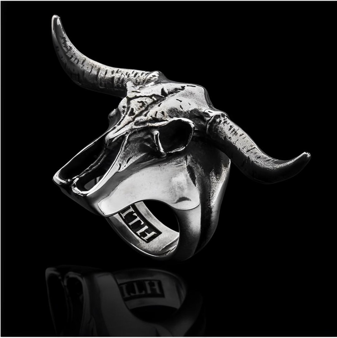 Sterling Silver Bull Skull Ring for Men - Bold Statement Western Biker ...