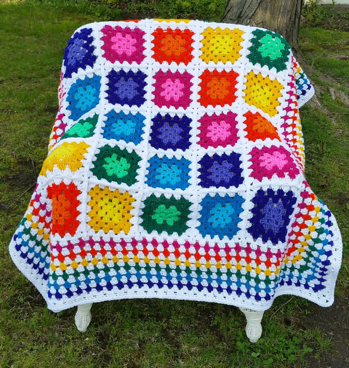 White and Multicolor Granny Square Throw Ready to Ship - Etsy