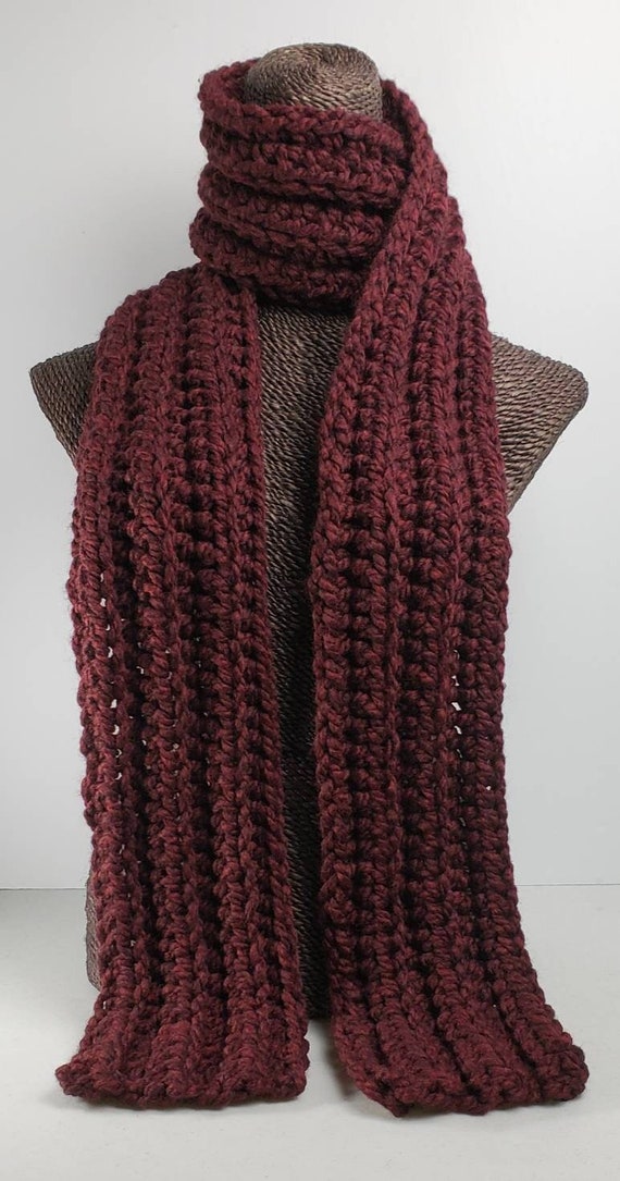 Chunky Wool Blend Crochet Winter Scarf Burgundy