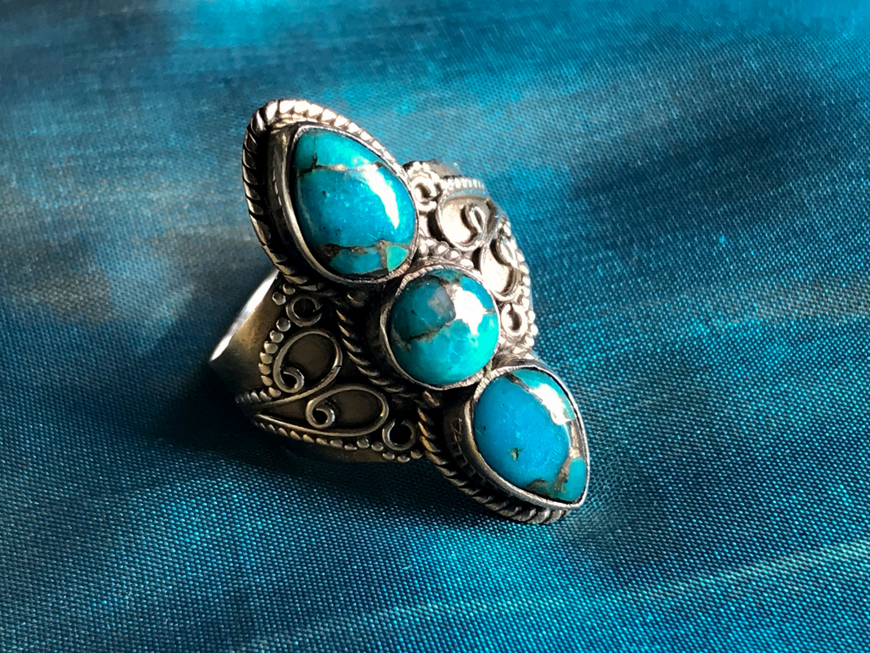 Vintage Morenci Turquoise Trilogy Ring Sterling Silver - Etsy