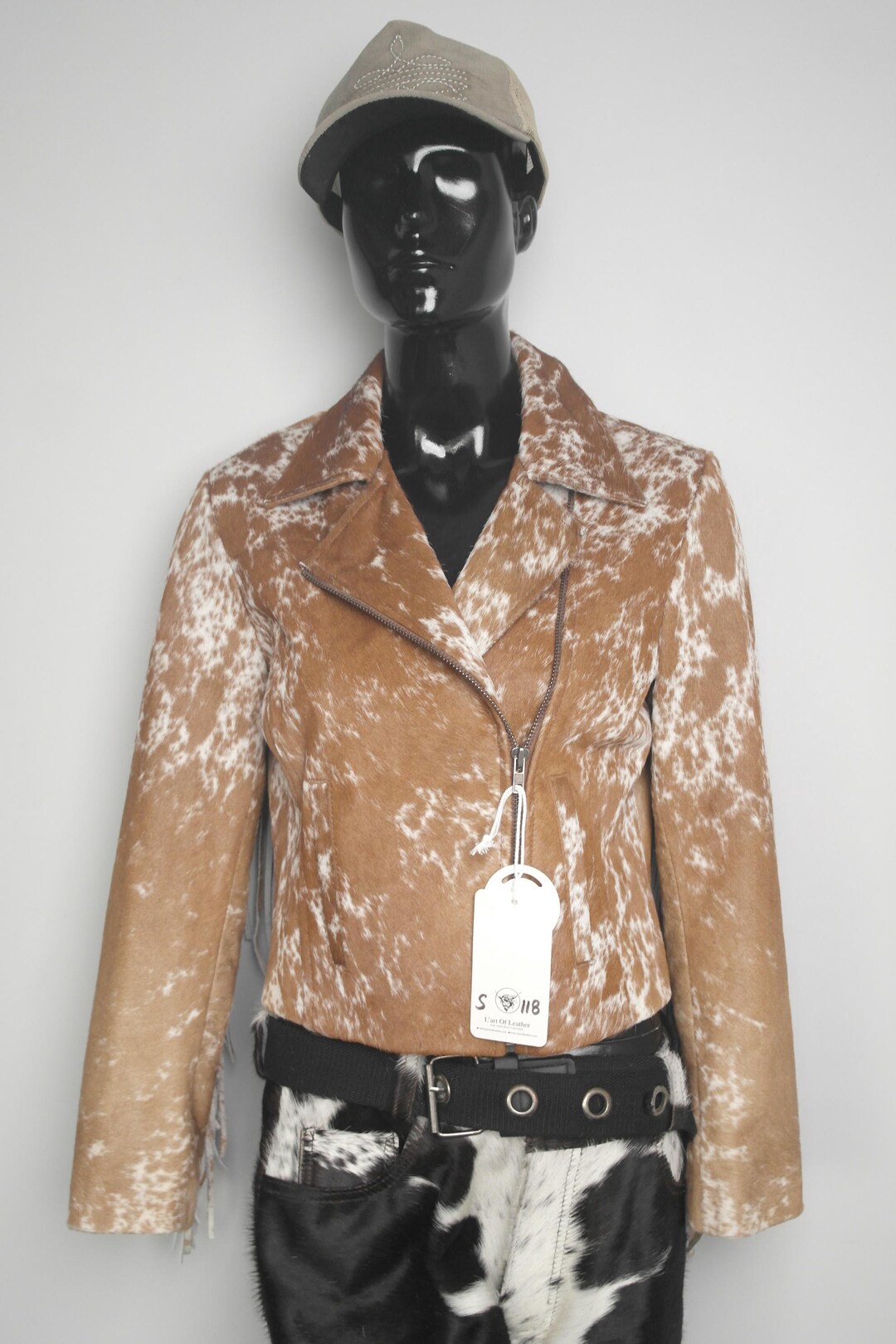 Women's Cowhide Fringed Leather Jacket Hair on Hide Cow Skin Genuine ...