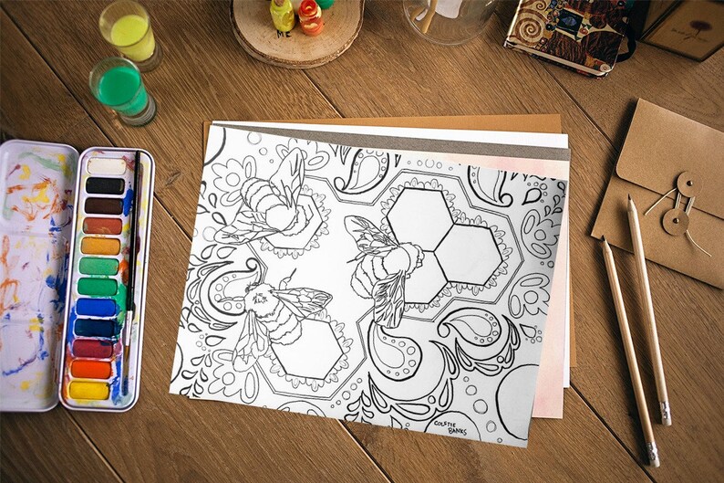 Bohemian Adult Coloring Page Bees; Zentangle, Aztec, Tribal Inspired ...
