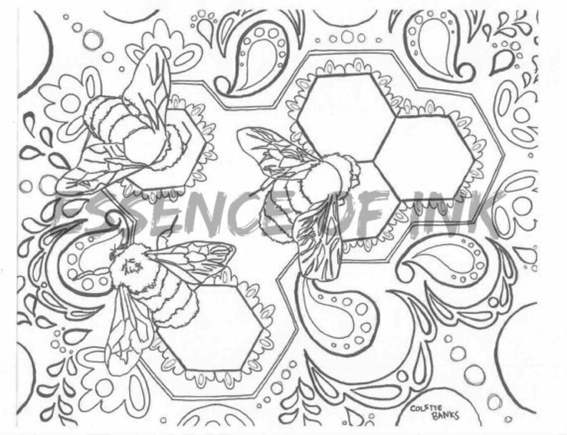 Bohemian Adult Coloring Page Bees; Zentangle, Aztec, Tribal Inspired ...
