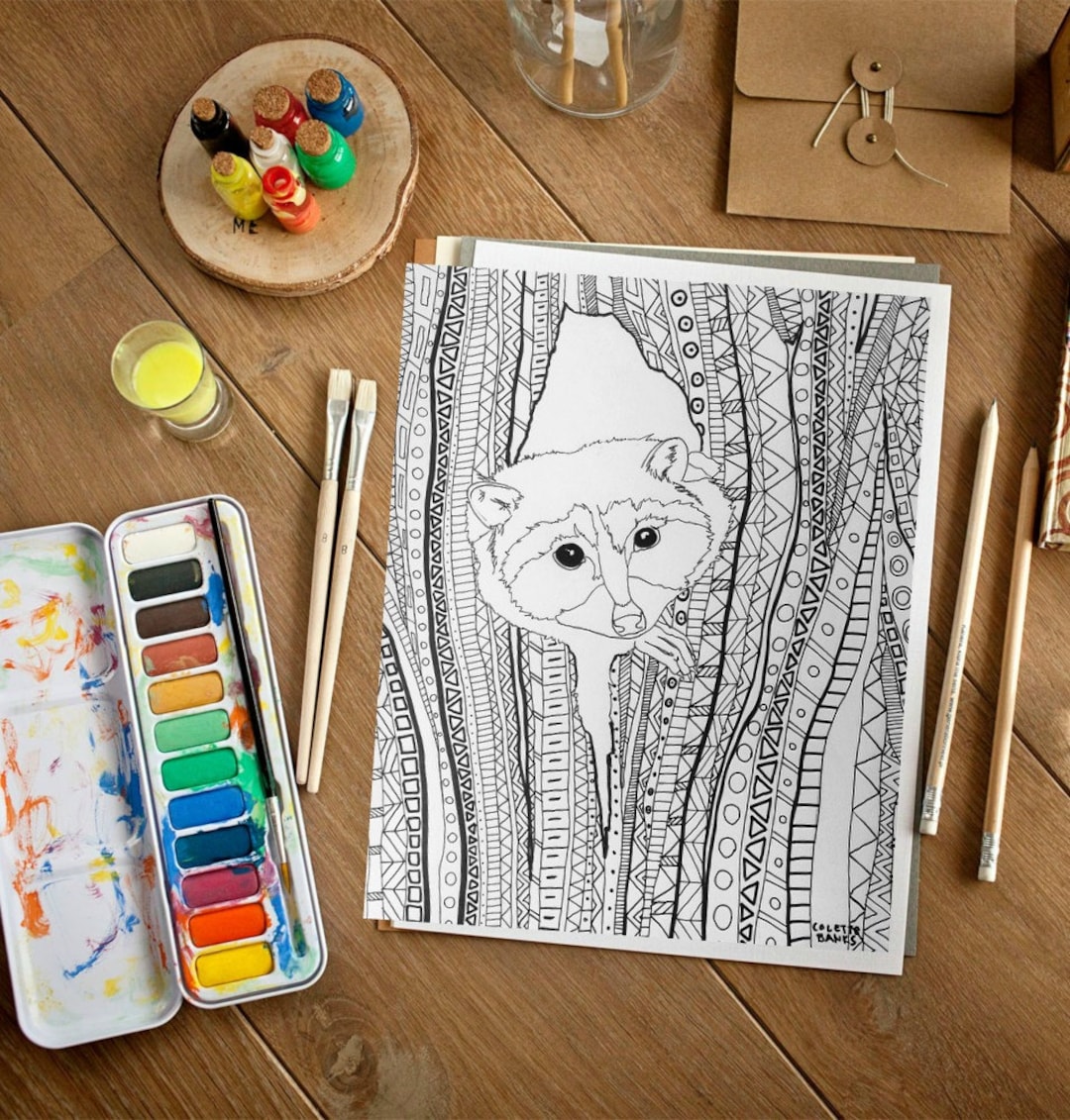 Aztec Zentangle Adult Coloring Page of a Woodland Raccoon - Etsy