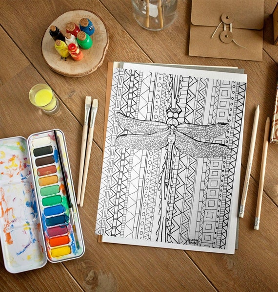Zentangle Aztec Adult Coloring Page of a dragonfly | Etsy