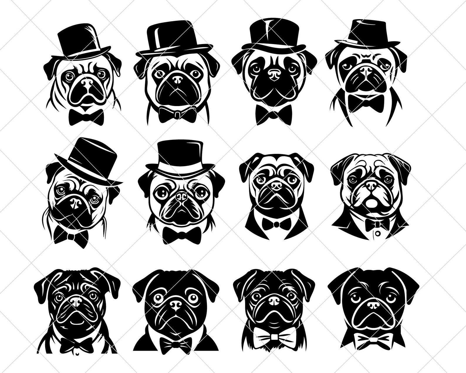 Dapper Pugs SVG PNG Jpg Dxf Eps Pdf, Clipart, Dog, Top Hat, Bow Tie ...