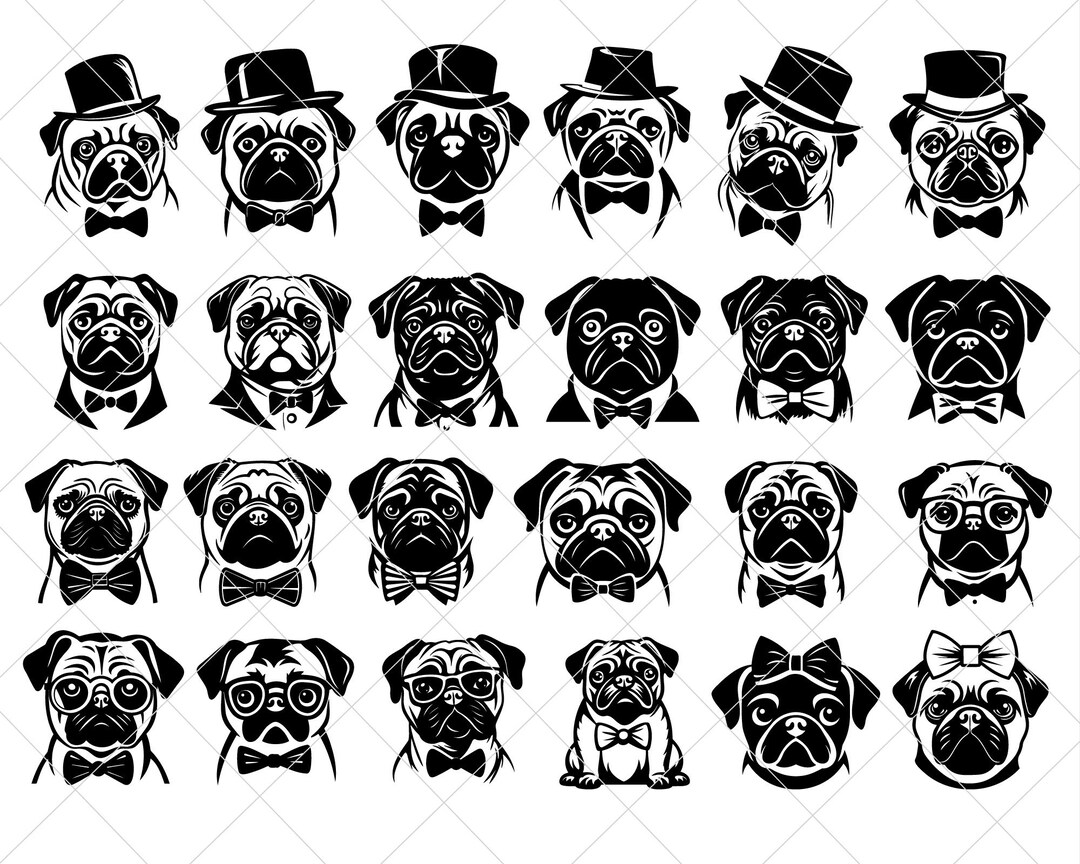 Dapper Pugs SVG PNG Jpg Dxf Eps Pdf, Clipart, Dog, Top Hat, Bow Tie, Fancy, Suit, Vector ...