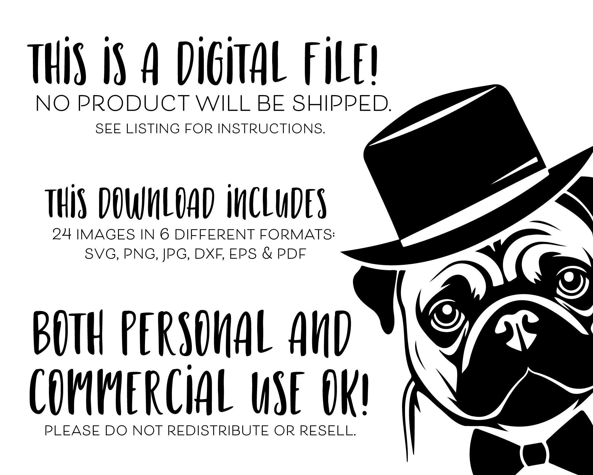 Dapper Pugs SVG PNG Jpg Dxf Eps Pdf, Clipart, Dog, Top Hat, Bow Tie ...