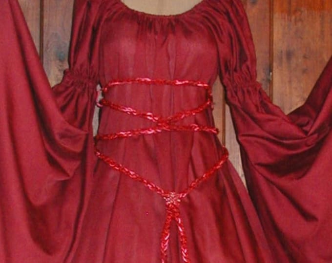 Long Maroon Red Renaissance Chemise Style Dress Puff Sleeve Shoulder ...