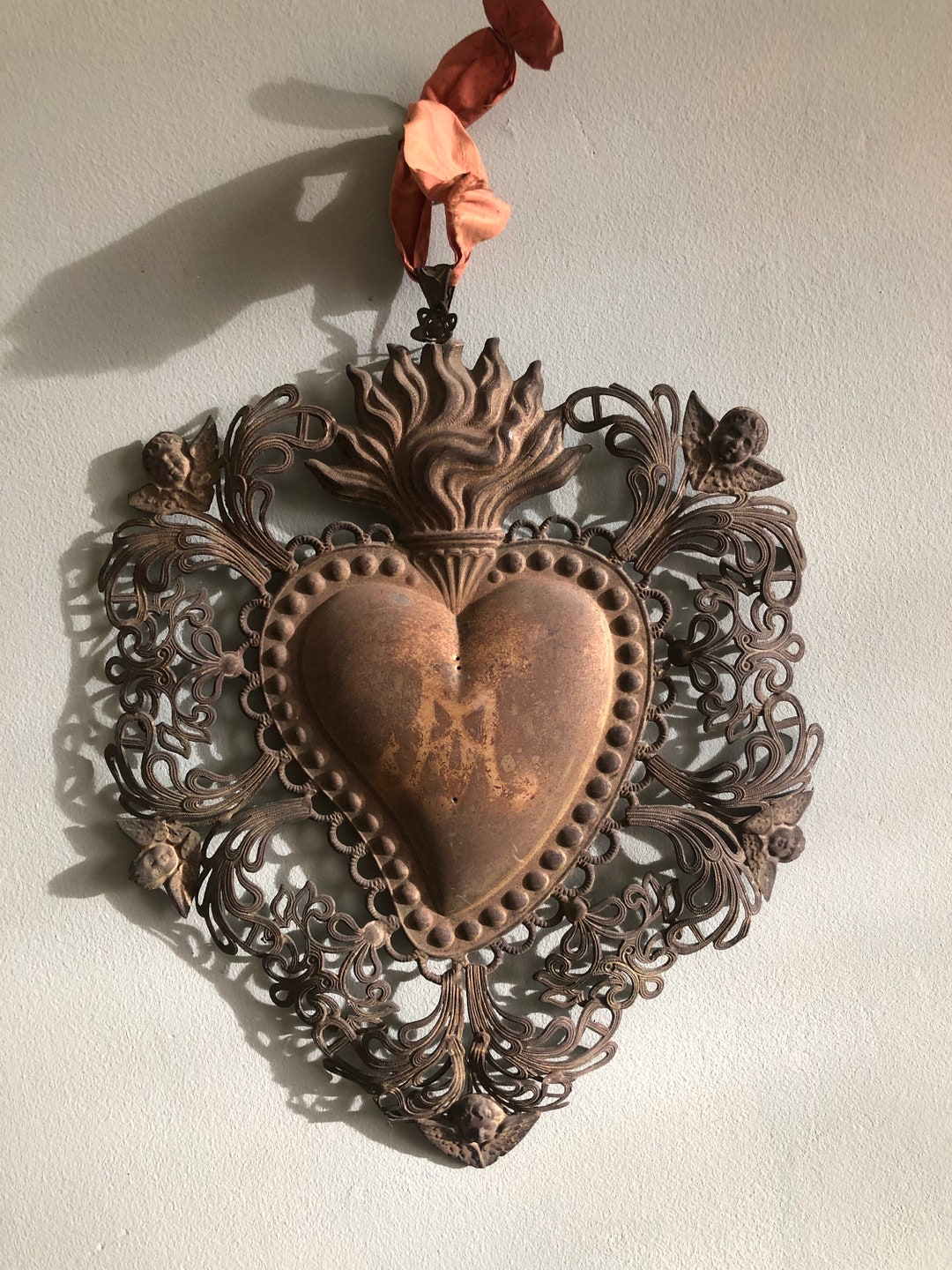 Large Antique Ex Voto, Original Ribbon, Cherubs, Wall Hanging, Flower ...