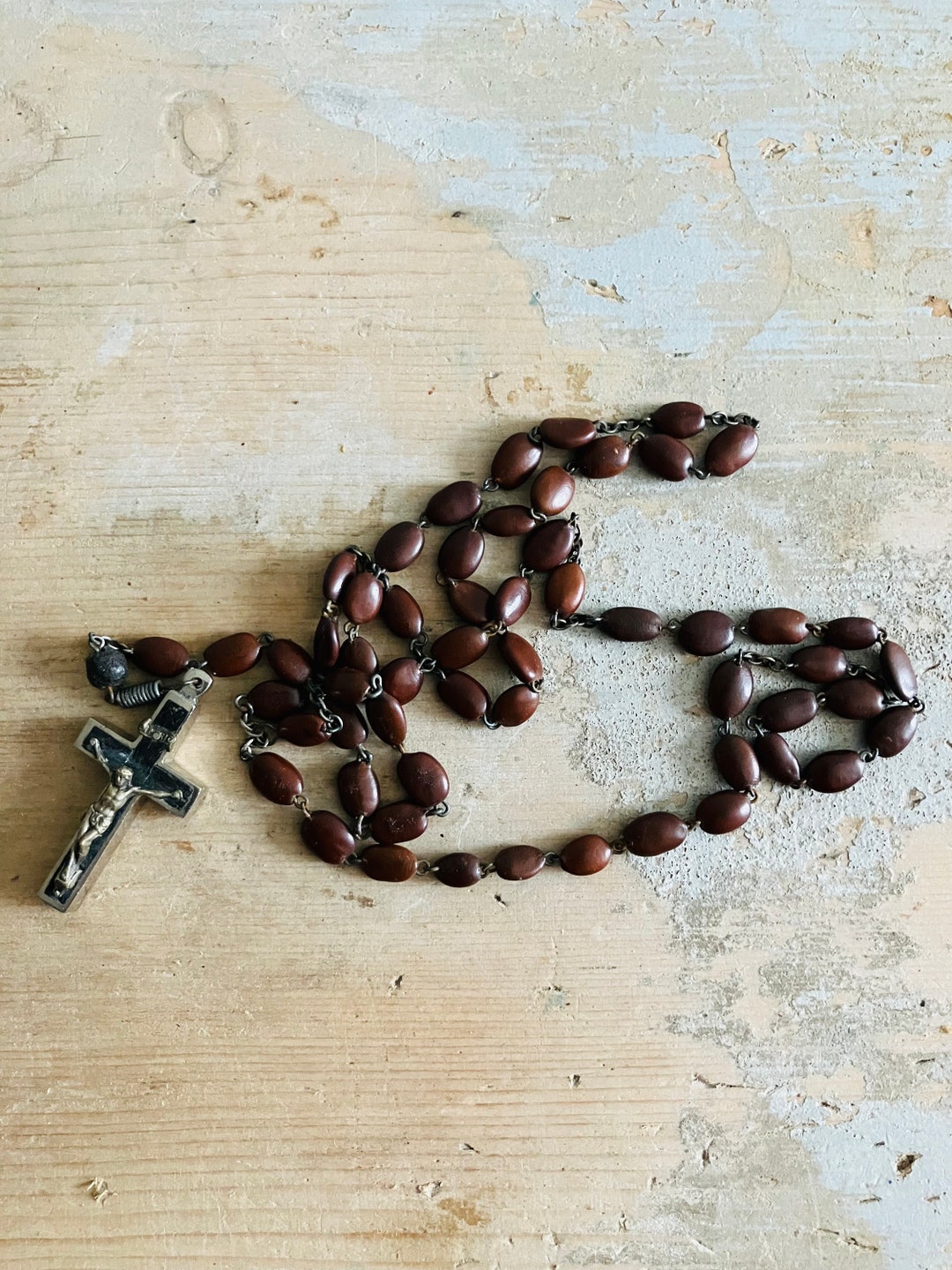 A French Rosary, Set of Rosary Beads, Vintage, Brown, Silver Colour ...