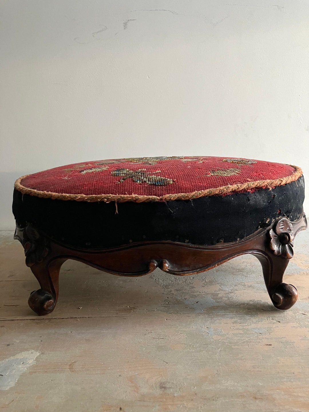 A Pretty Footstool, French, Oval Stool, Antique, Vintage, Floral Wool Tapestry, Beaded, Red ...