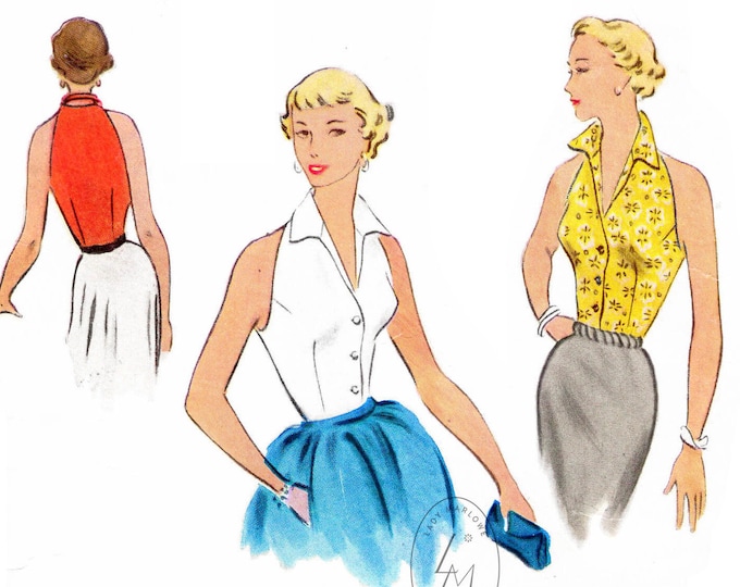 Vintage Sewing Pattern 1950s 50s Classic Halter Top / Pointed Collar ...