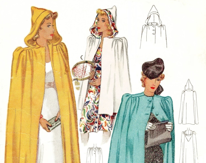 1940s Vintage Sewing Pattern Hooded Cape / Day or Evening Style ...