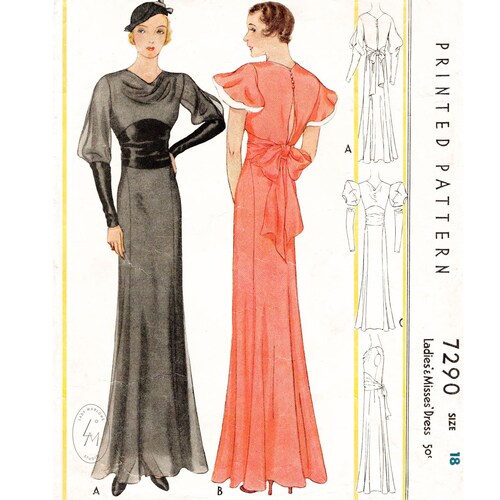 1930s 30s Evening Gown 3 Styles / Wide Sleeves / Draped Cowl - Etsy