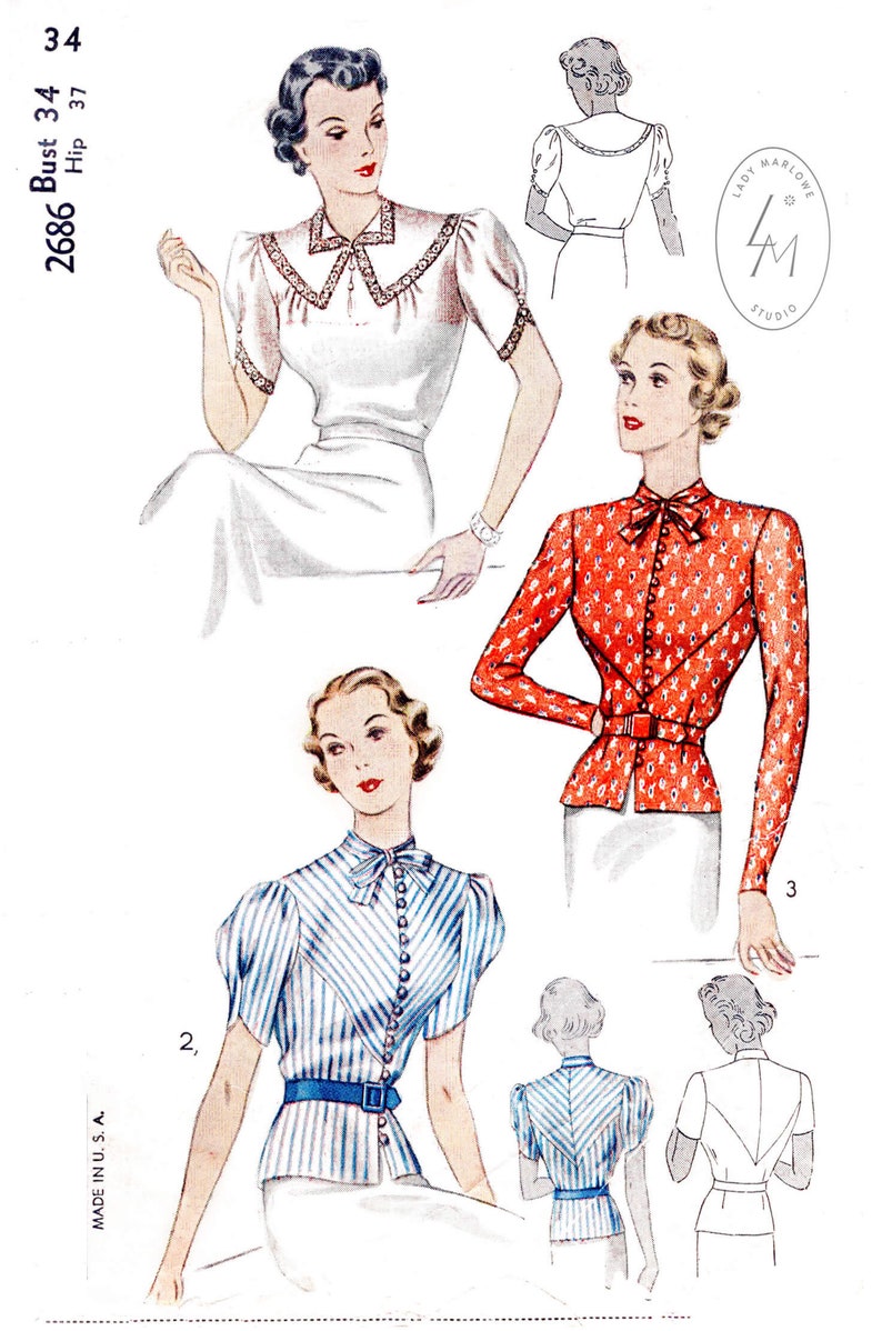 Vintage Sewing Pattern 1930s Blouse Reproduction // 3 Styles // Puff ...