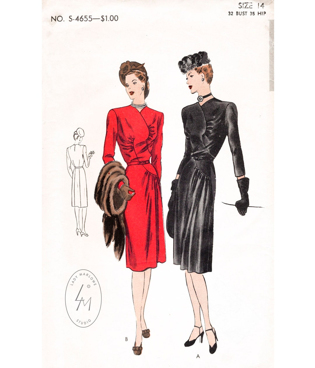 1940 Vintage Sewing Pattern 1940s 40s Dress Pattern Seam Interest ...
