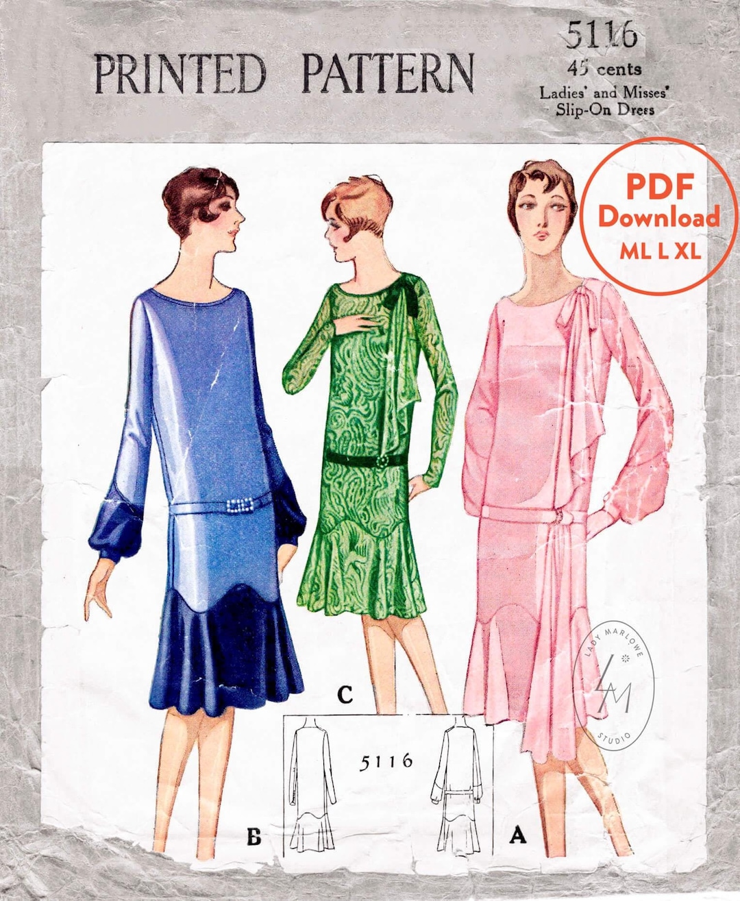 ML L XL Vintage Sewing Pattern 1920s Historic Dress Reproduction ...