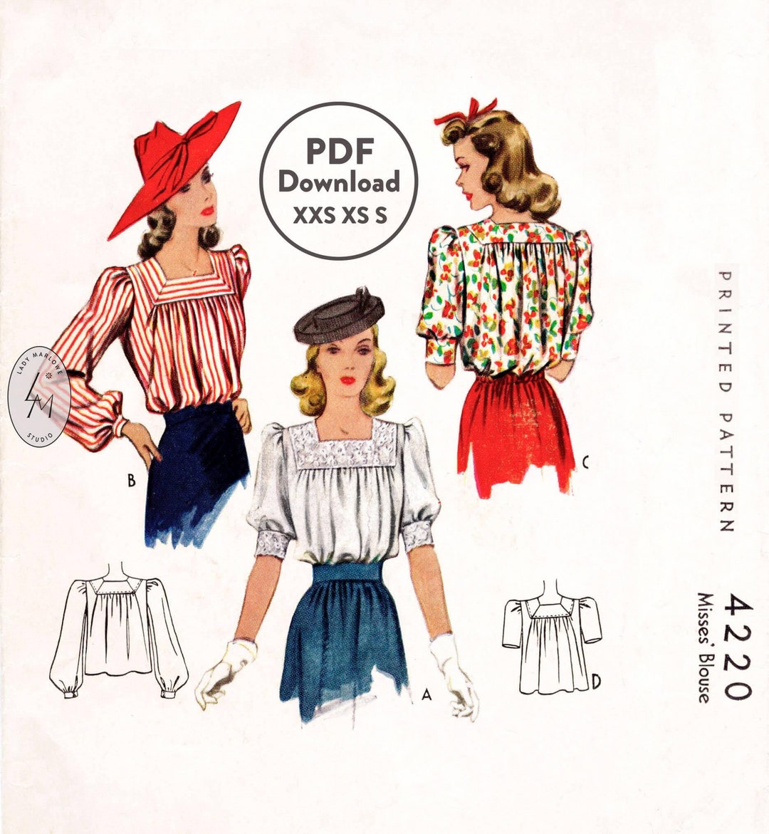 XXS XS S 1940s Blouse Vintage Sewing Pattern 40s Blouse With 3 Sleeve ...