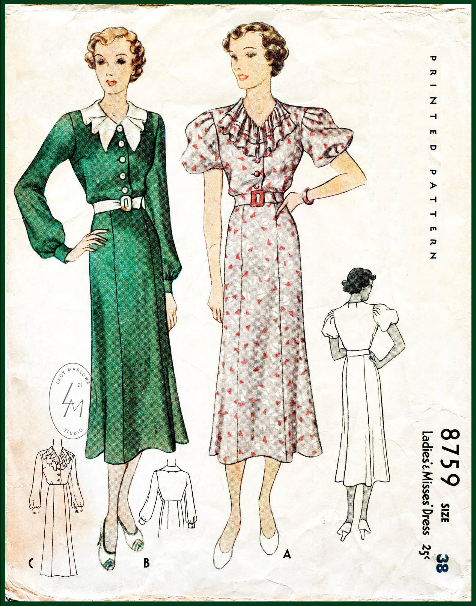 Vintage Sewing Pattern 30s 1930s Day Dress Ruffle Collar a | Etsy