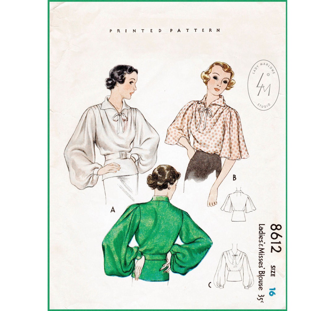 Vintage Sewing Pattern 1930s 30s Pattern Women's Blouse Bishop or ...