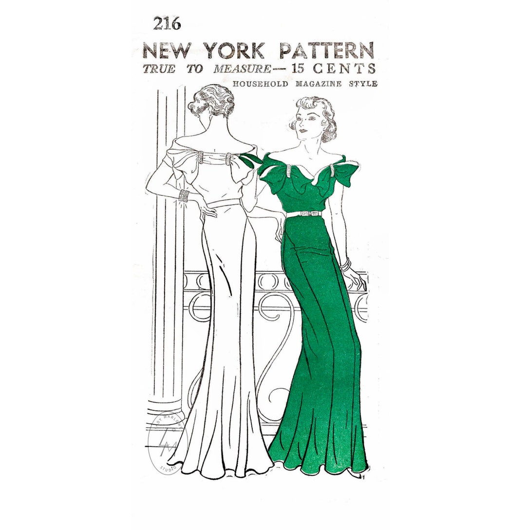 1930s 30s Evening Gown Pattern / off Shoulder Dress / Vintage Sewing ...