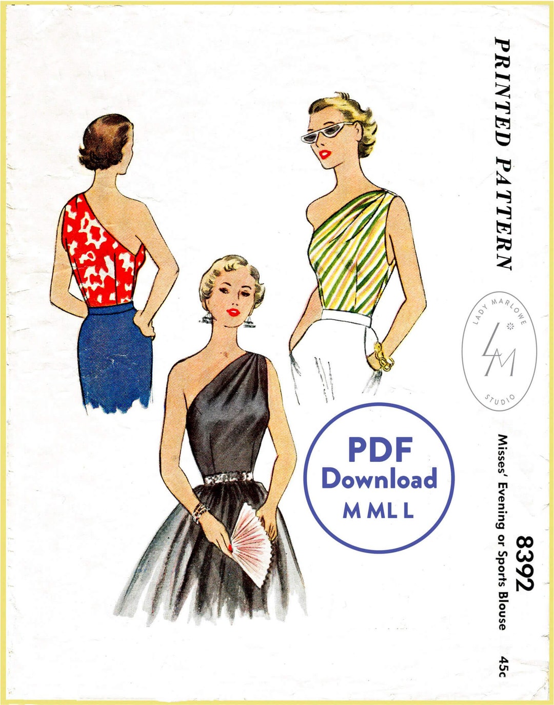 M ML L 1950s 1960s Vintage Sewing Pattern Reproduction / One Shoulder ...