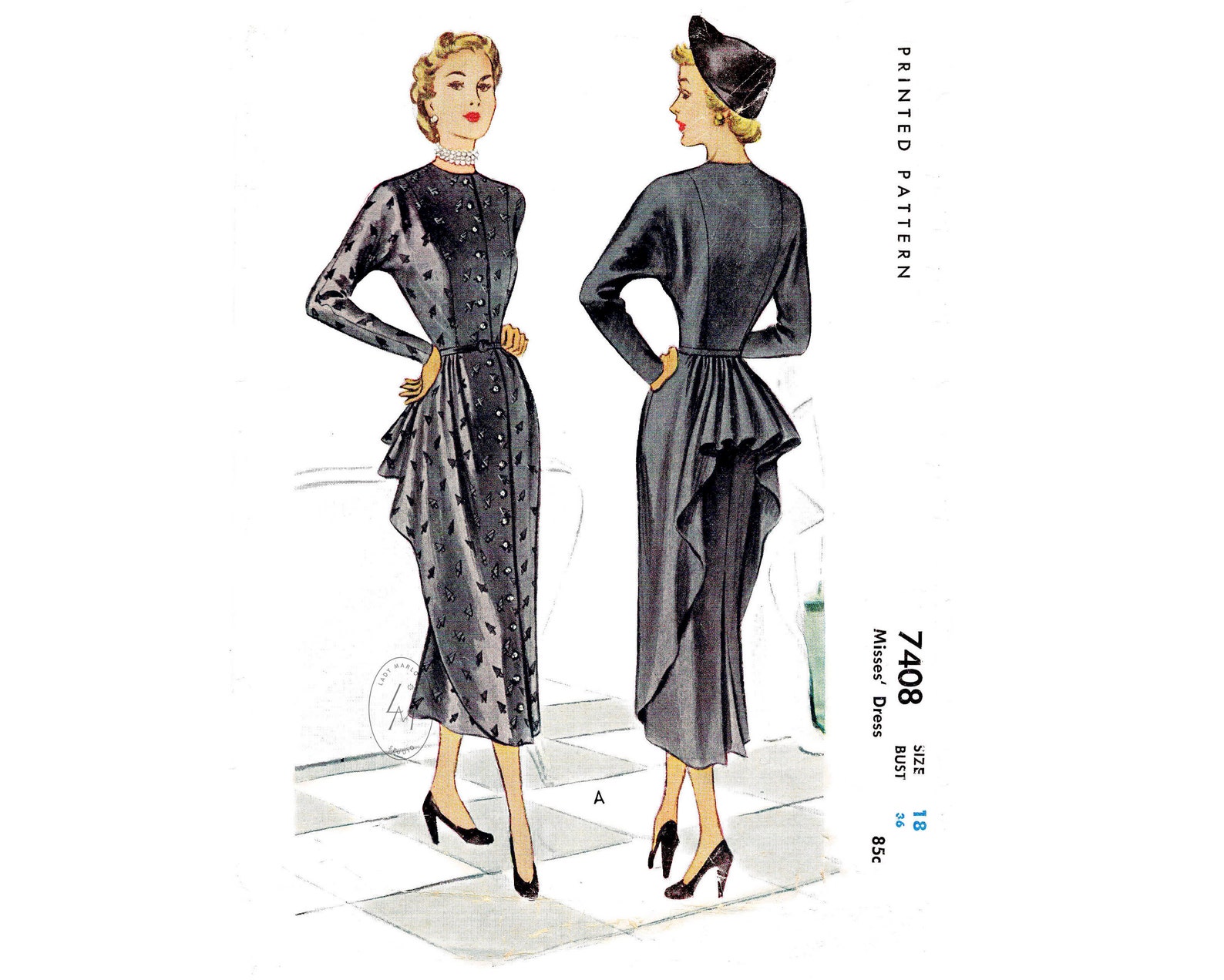 1940s Vintage Sewing Pattern Cocktail Dress Reproduction / Draped ...
