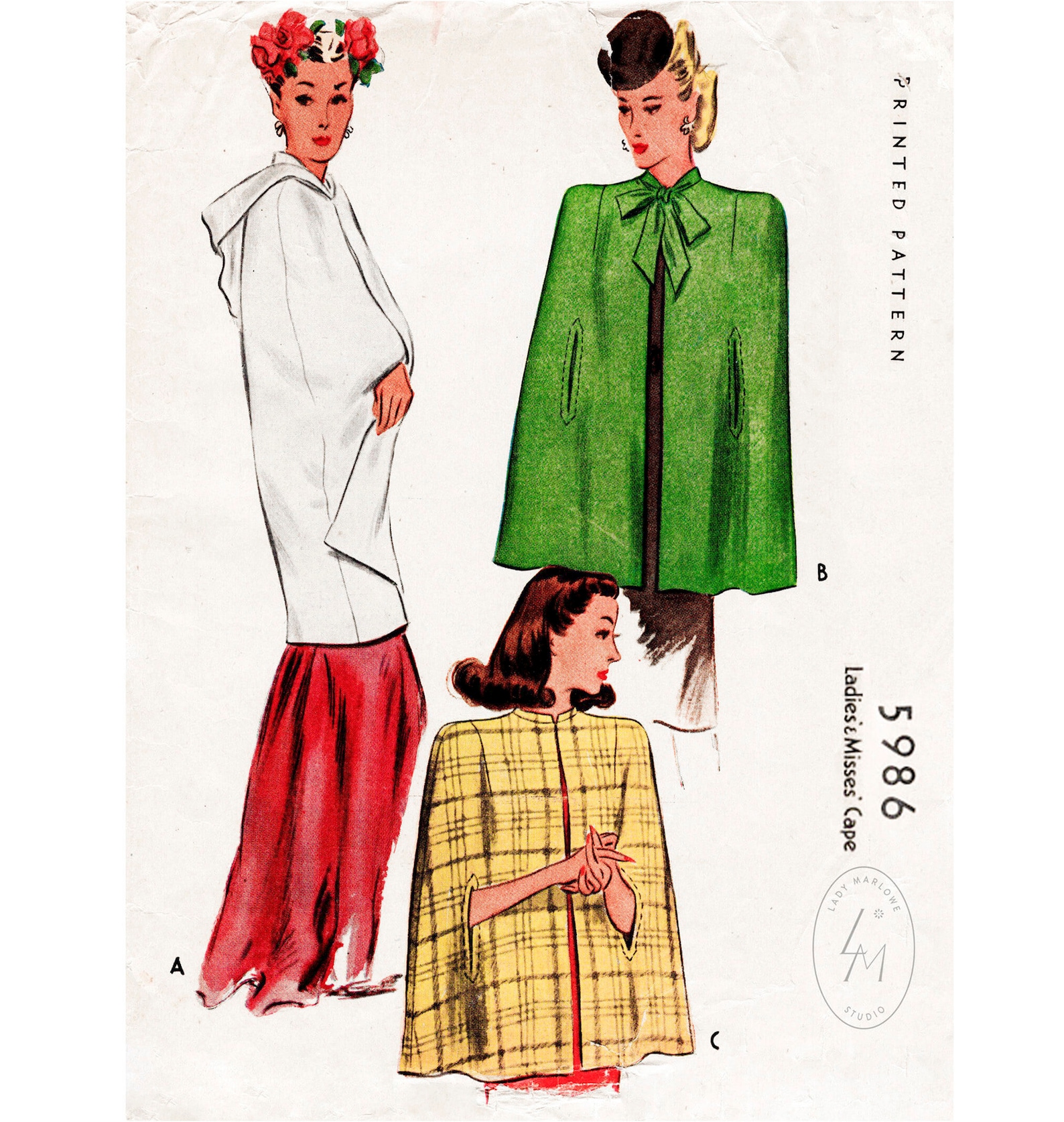 Vintage Sewing Pattern 1940s 40s Cape Shawl Evening or Day Size Small ...