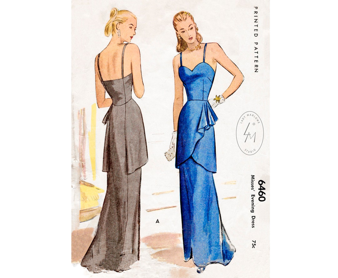 1940 Vintage Sewing Pattern 1940s 40s Evening Dress Pattern Cascade ...