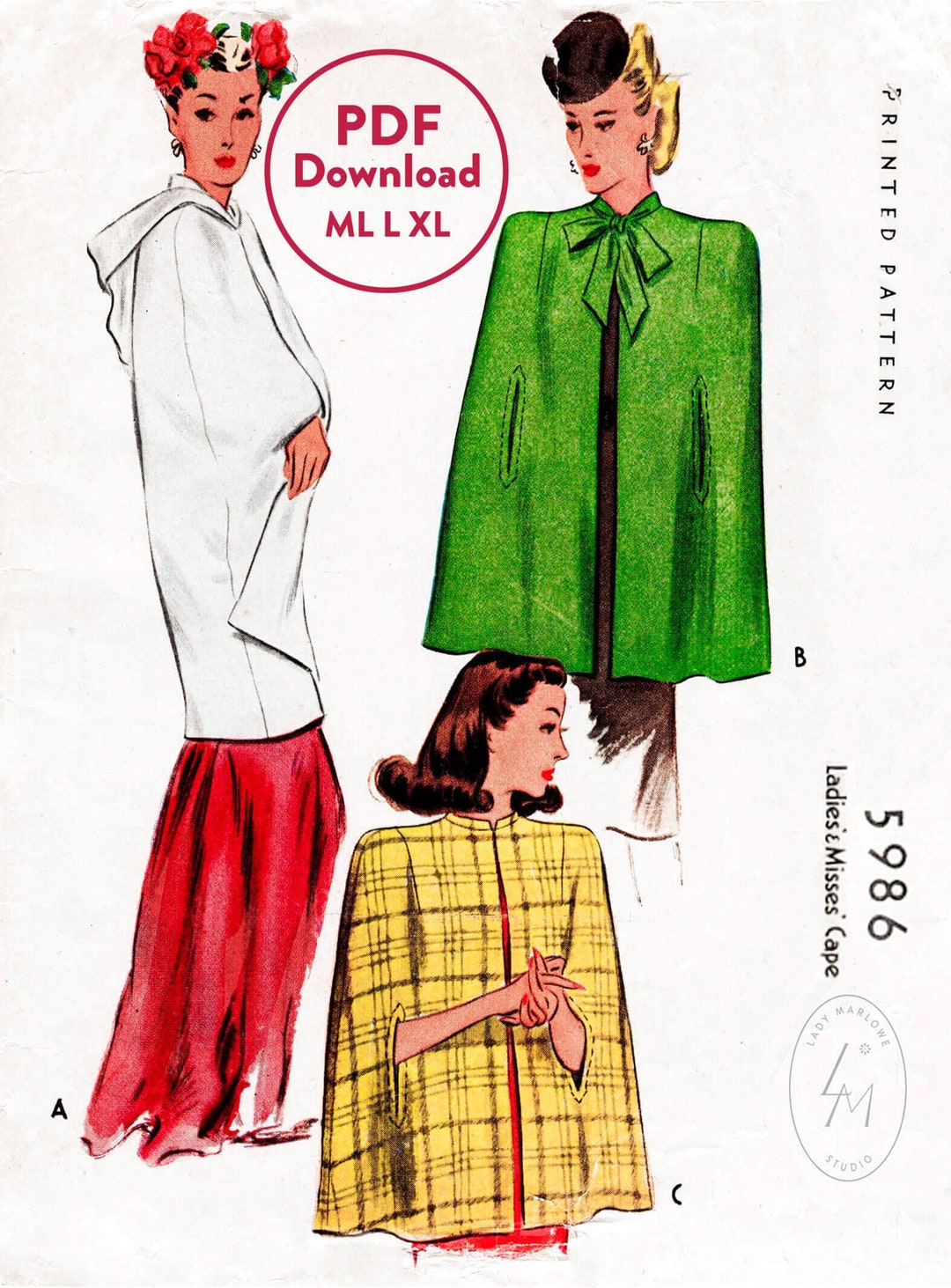 ML L XL Vintage Sewing Pattern 1940s 40s Cape Capelet With Hood PDF ...
