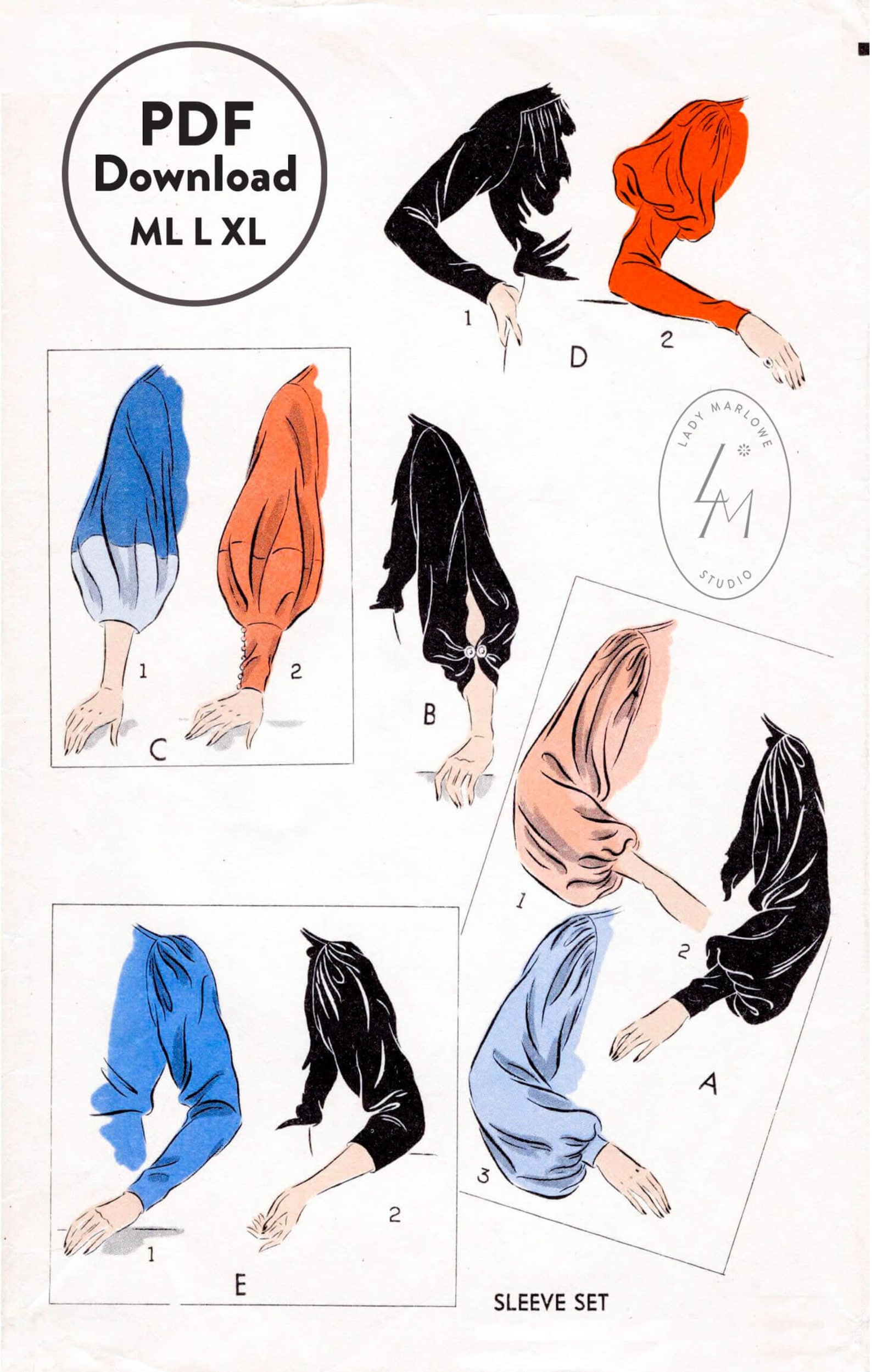 ML L XL Vintage Sewing Pattern 1930s Set of Sleeves in 10 Styles Sleeve ...