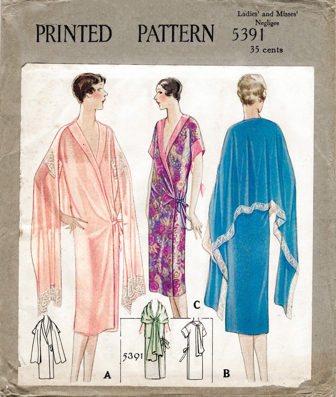 Vintage Sewing Pattern 1920s 20s Lingerie Robe Kimono Cape Sleeves Bust ...