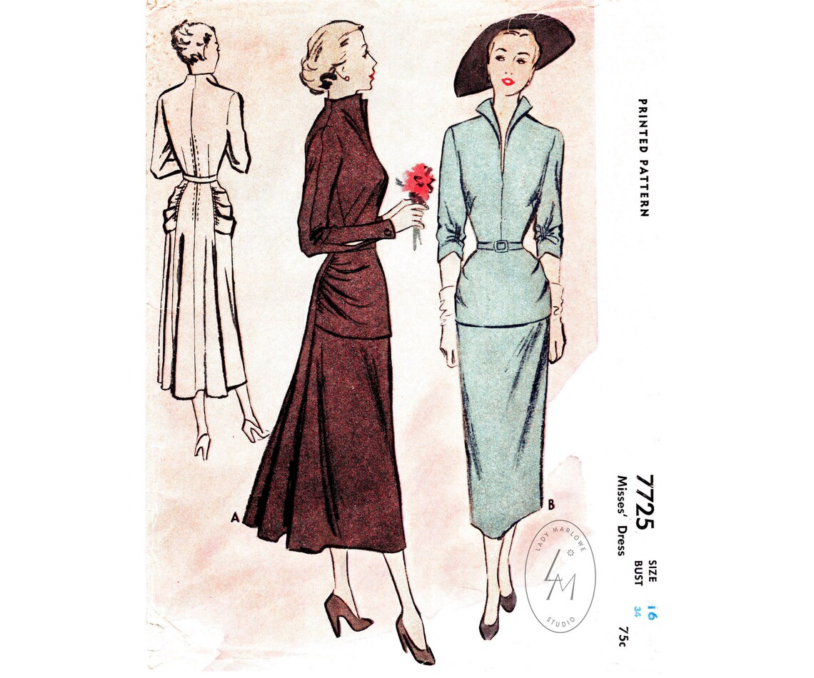 Vintage Sewing Pattern 1940s 1950s Dress Cascade Drape | Etsy