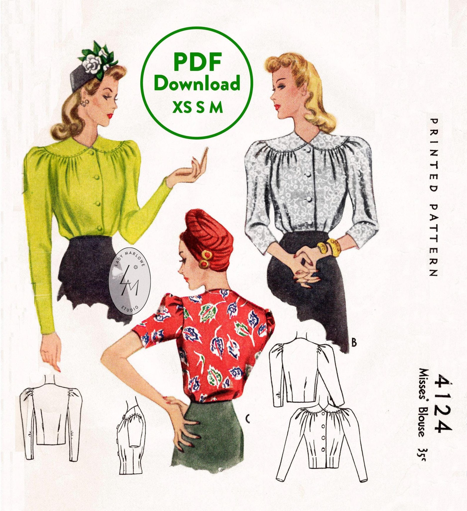 XS S M 1940s Blouse Vintage Sewing Pattern 40s Blouse With 3 Sleeve ...