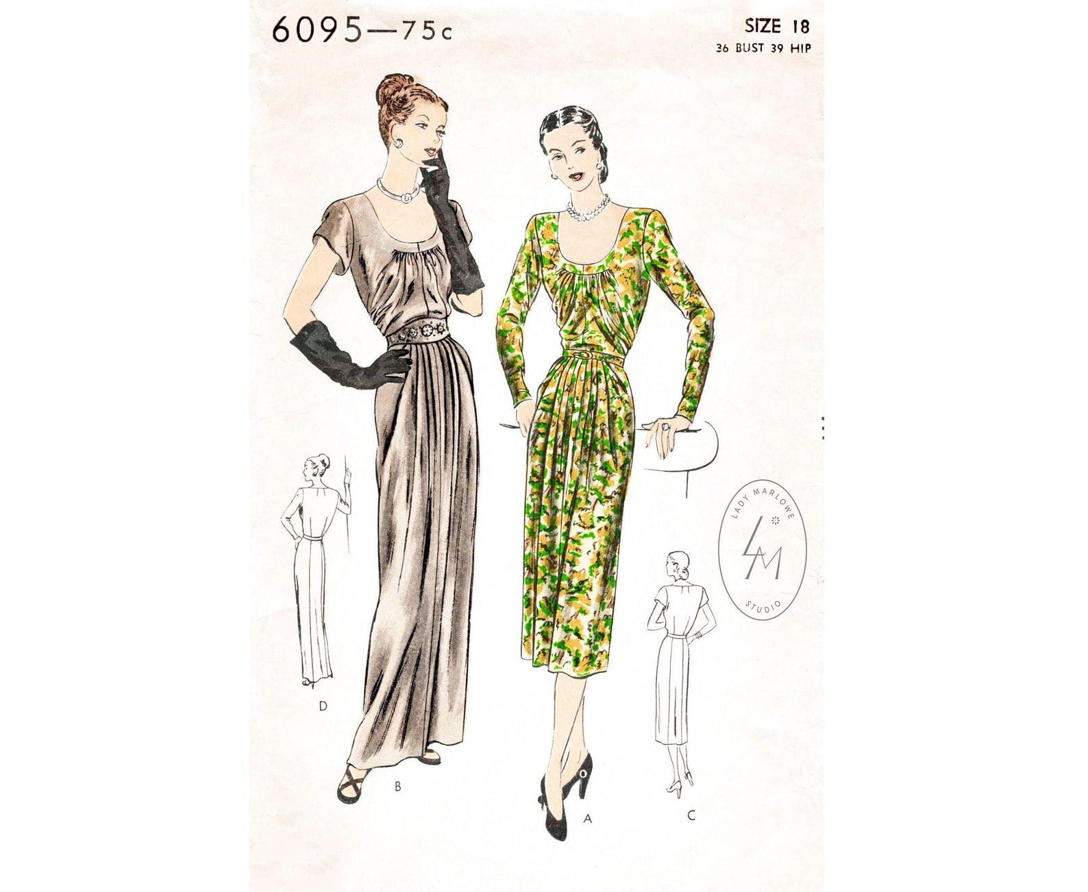 1940 Vintage Sewing Pattern 1940s 40s Dress Reproduction / Day or ...