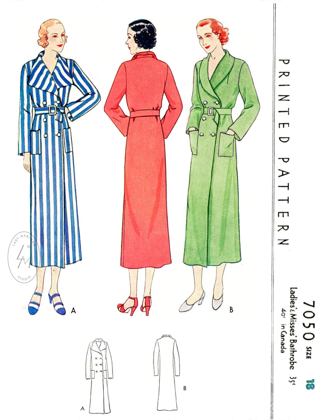 Vintage Sewing Pattern 1920s 1930s Shawl Collar Robe Coat Reproduction ...