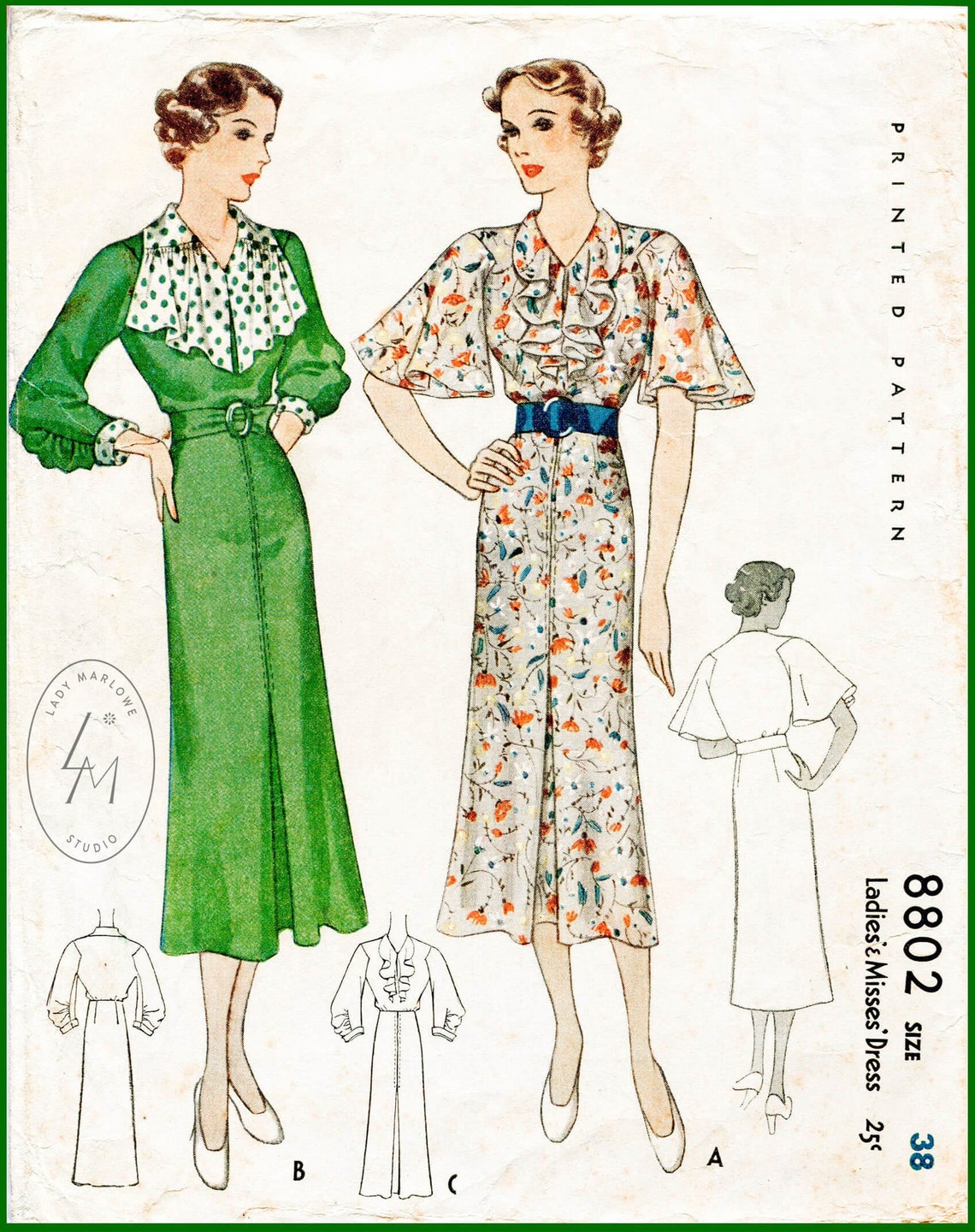 Vintage Sewing Pattern 1930s 30s Day Dress Flutter Sleeves | Etsy