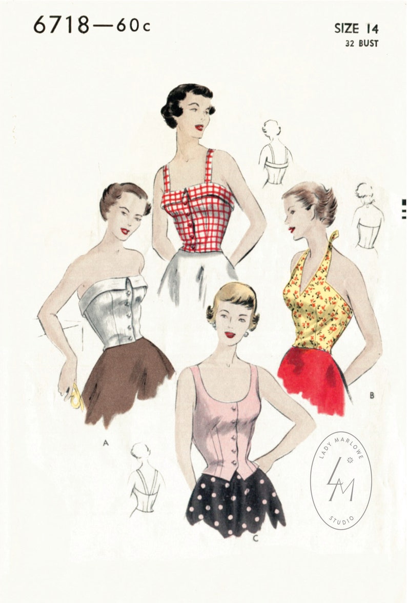Vintage Sewing Pattern 1950s 50s Crop Top Halter Blouse Bustier Fitted ...