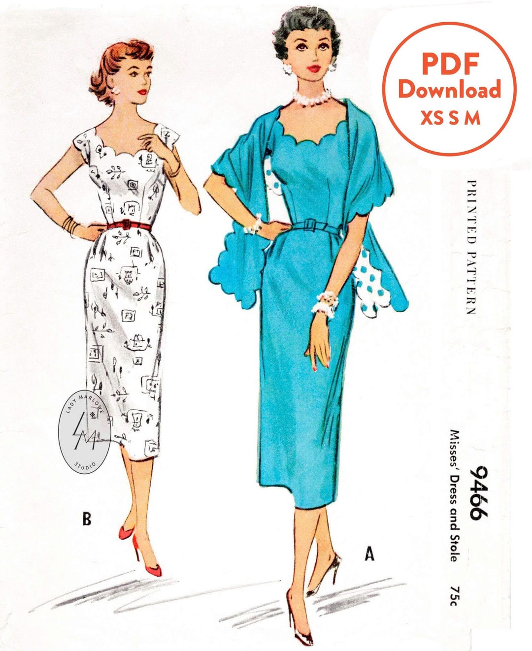 XS S M Vintage Sewing Pattern 1950s 50s Wiggle Dress and Stole Shawl ...