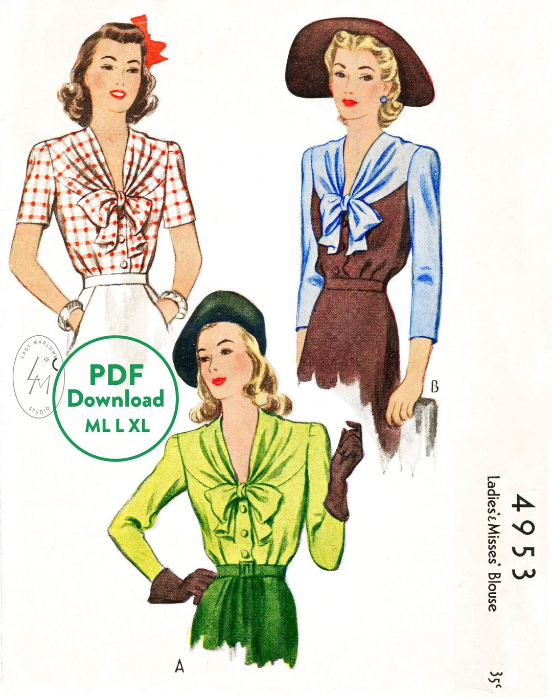 ML L XL 1940s Blouse Vintage Sewing Pattern 40s Blouse in 3 Styles With ...