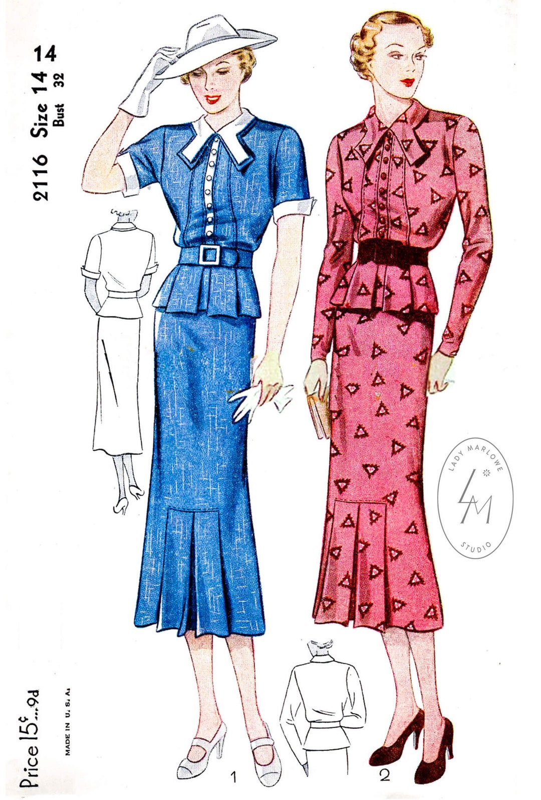 Vintage Sewing Pattern 1930s Dress Reproduction // Skirt Suit // Peplum ...