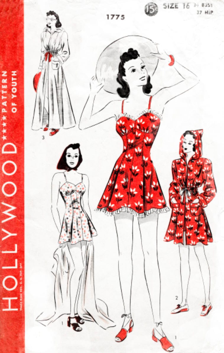 Vintage Sewing Pattern 1940s 40s Pattern // Beachwear Playsuit Hooded ...