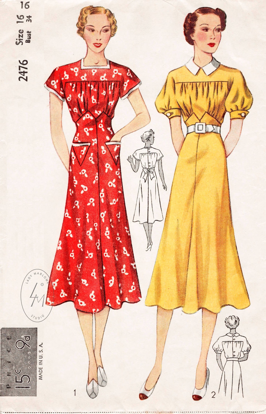 Vintage Sewing Pattern 1930s 30s Dress 2 Styles Puff Sleeves Flared