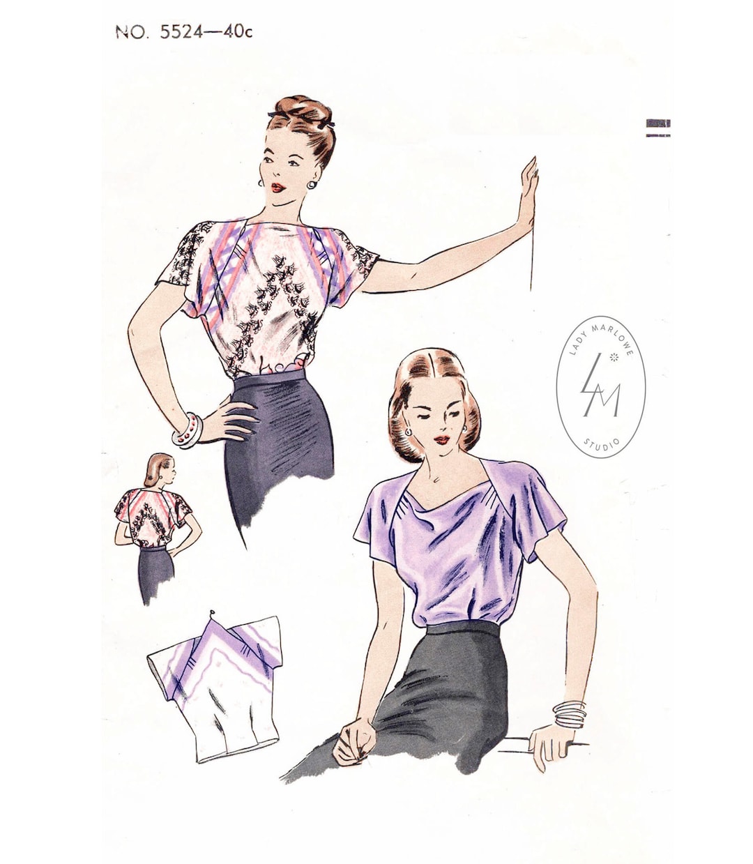 1940 Vintage Sewing Pattern 1940s 40s Blouse Pattern Reproduction ...