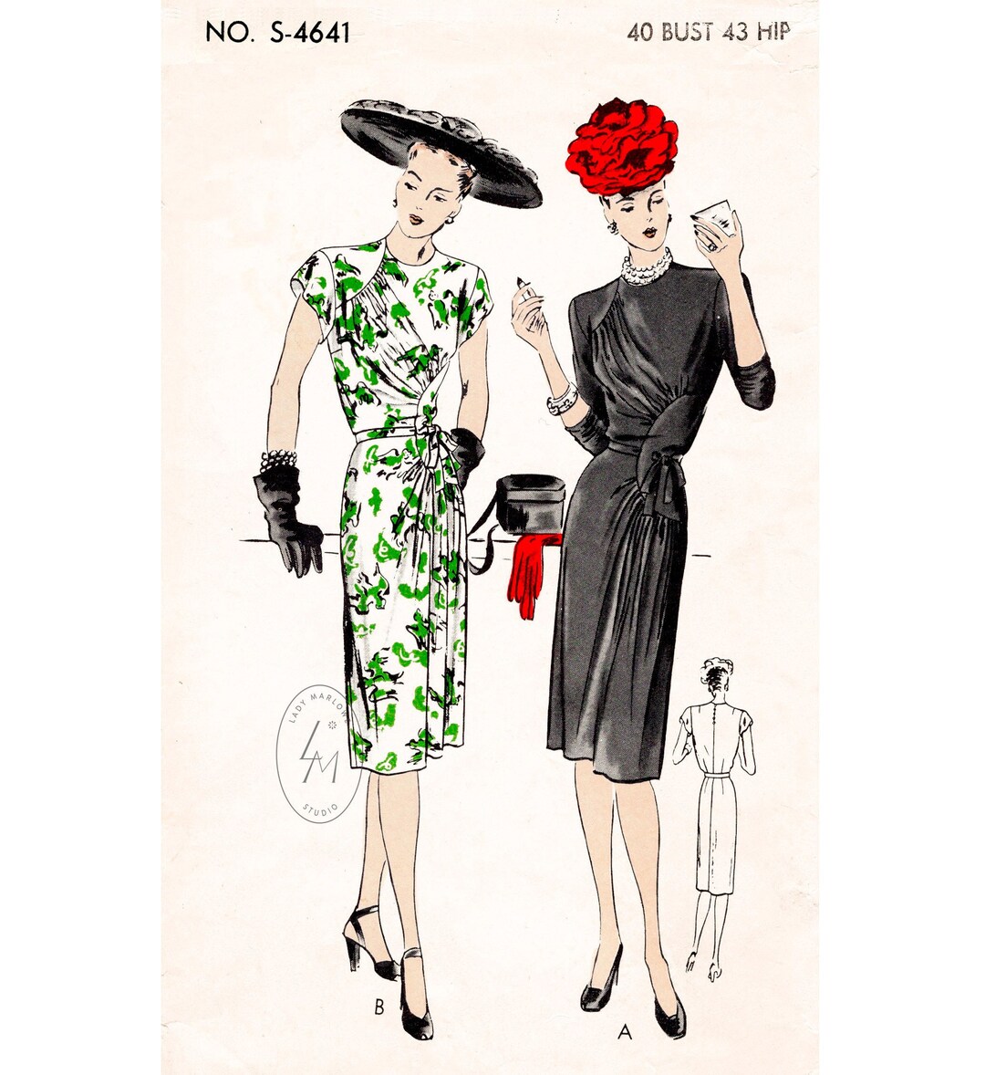 1940 Vintage Sewing Pattern 1940s 40s Dress Pattern Asymmetric Gathers ...