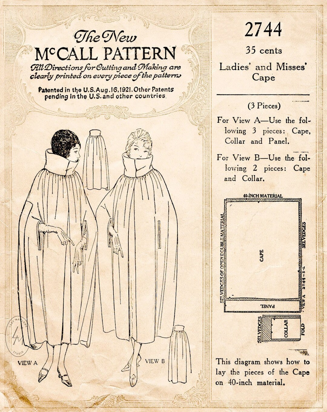 Vintage Sewing Pattern 1920s 20s Opera Cape With High Funnel Neck ...