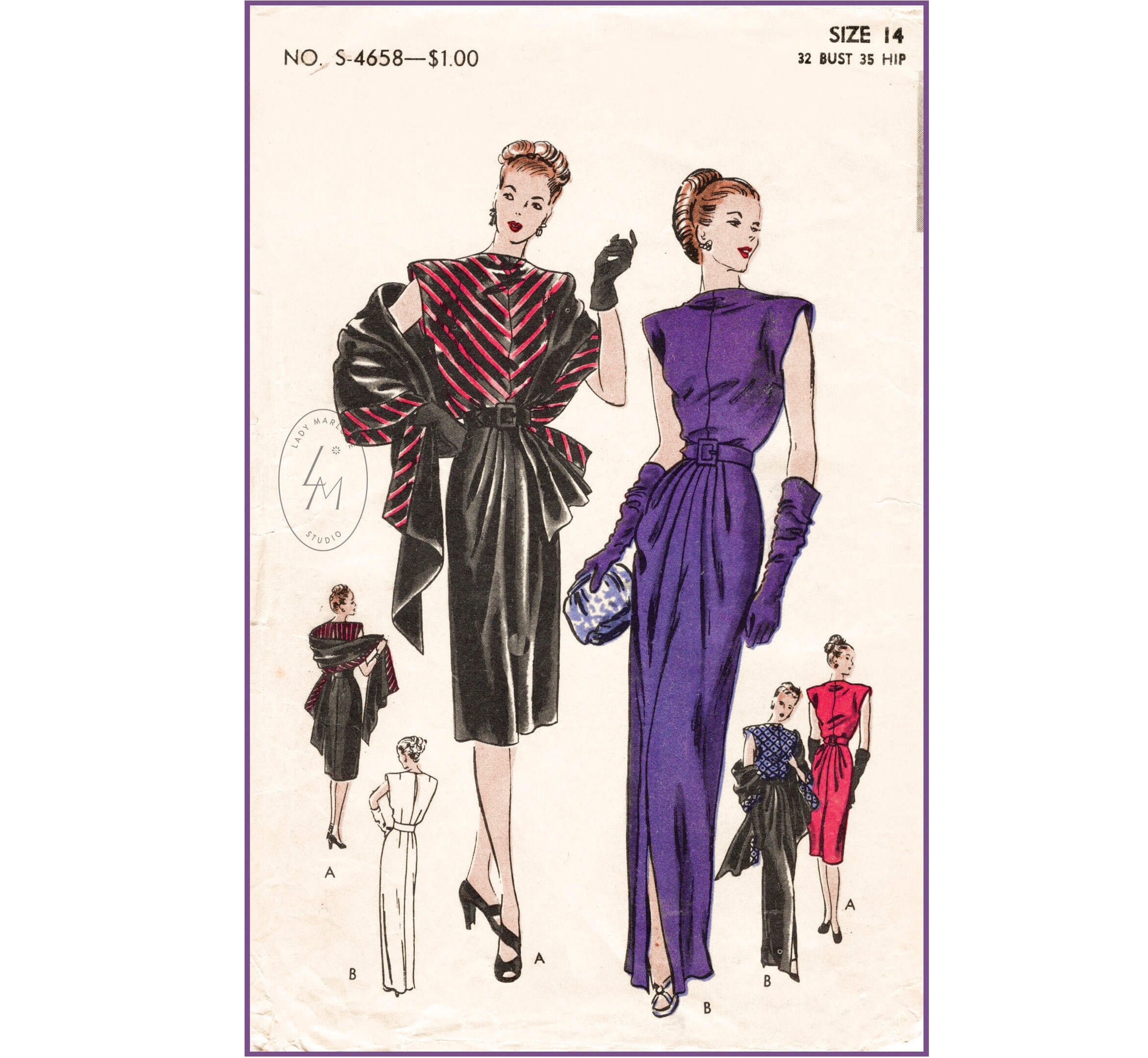 1940s 40s Vintage Sewing Pattern Reproduction / Film Noir Dress Evening ...