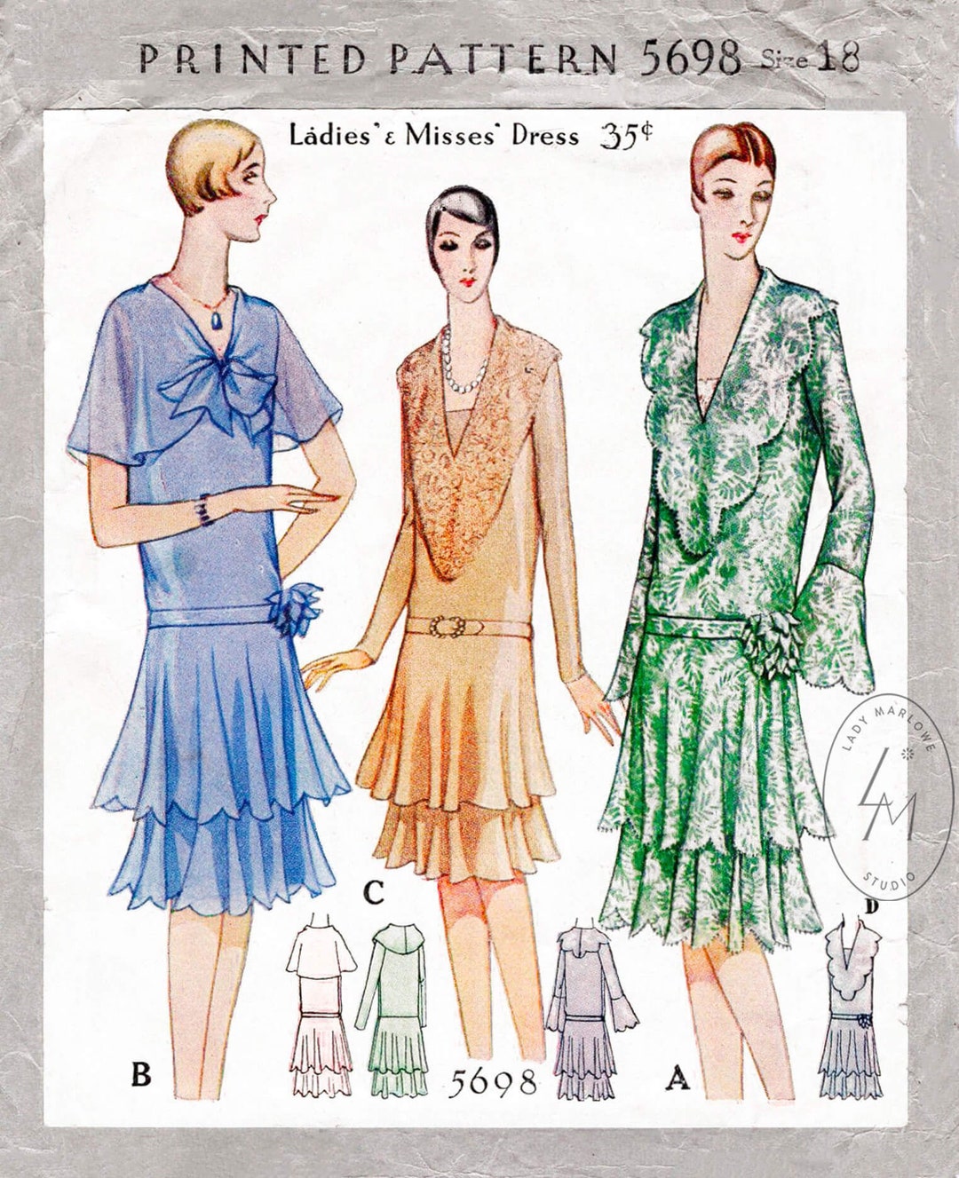 Vintage Sewing Pattern 1920s 20s Party Dress / Reproduction / 4 Styles ...