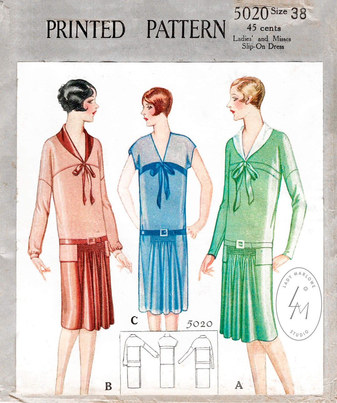 1920s Vintage Sewing Pattern / Flapper Dress Drop Waist / Tie Collar ...
